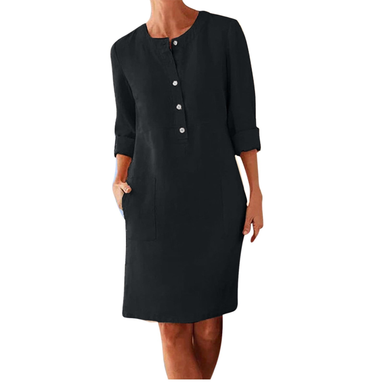 Black Women Crewneck Faux Gauze Linen Button Dresses for Women Long ...