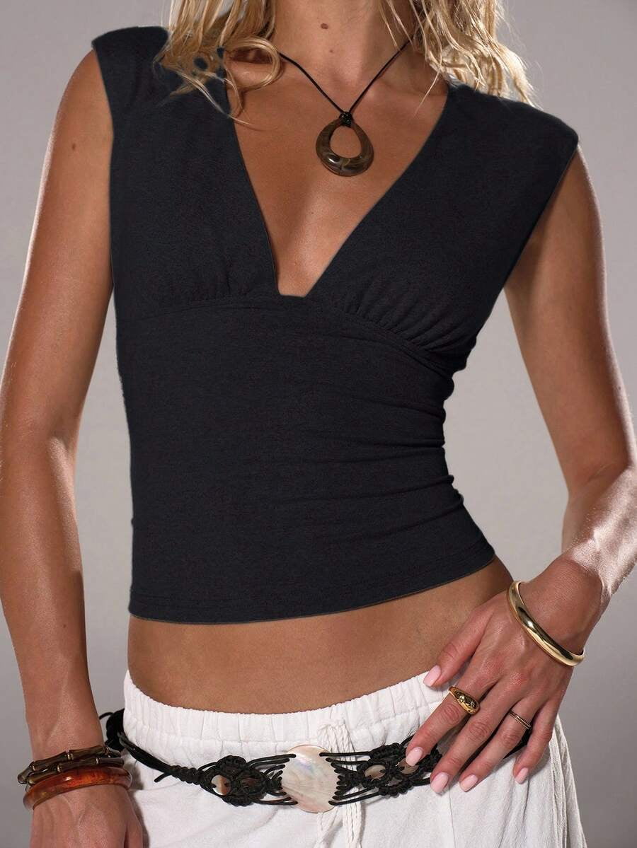 Black Women Deep V-Neck Fitted Casual Crop Tank Top For Spring Summer ...