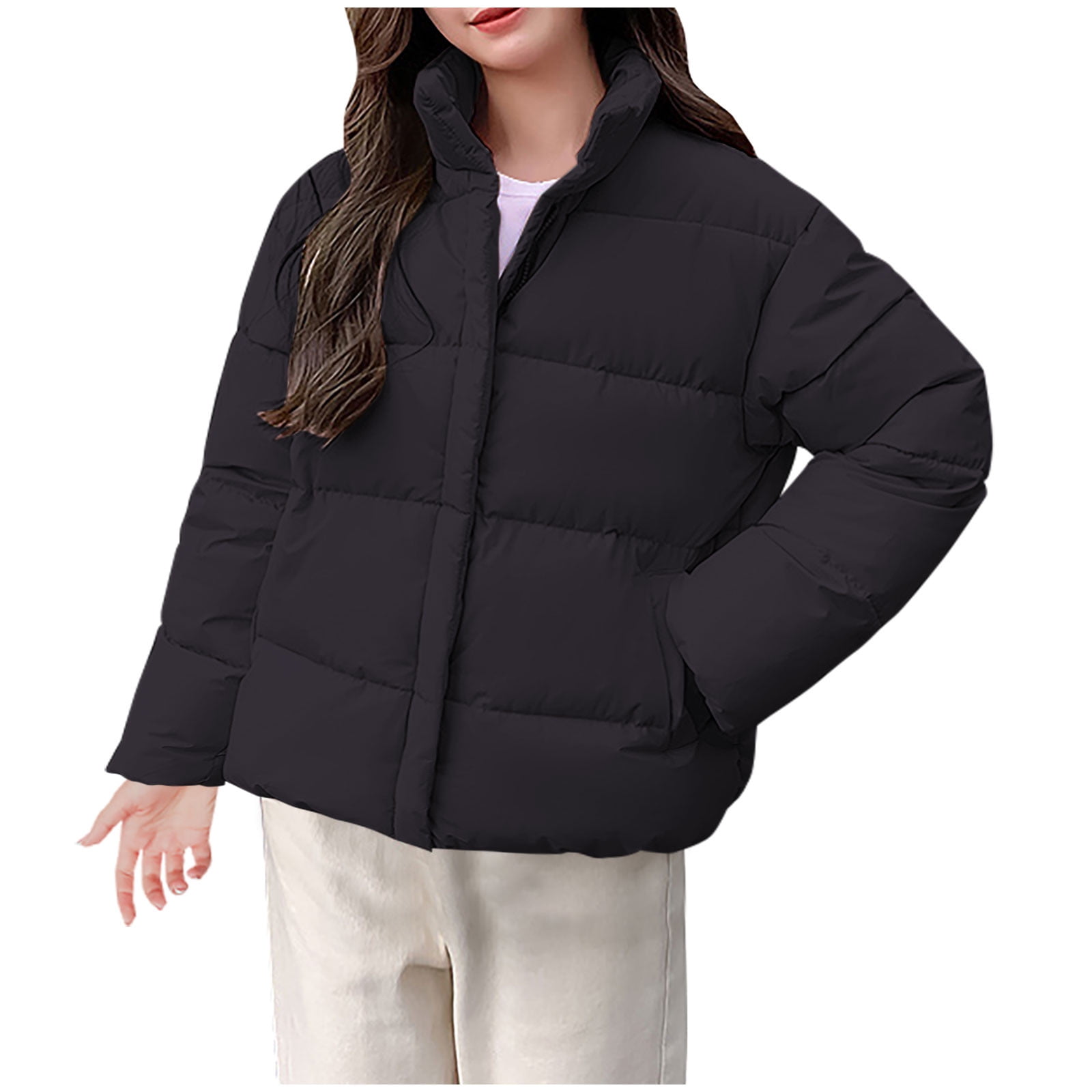 Black Women Down Jackets Coats for Teen Girls Thermal Puffer Plain ...