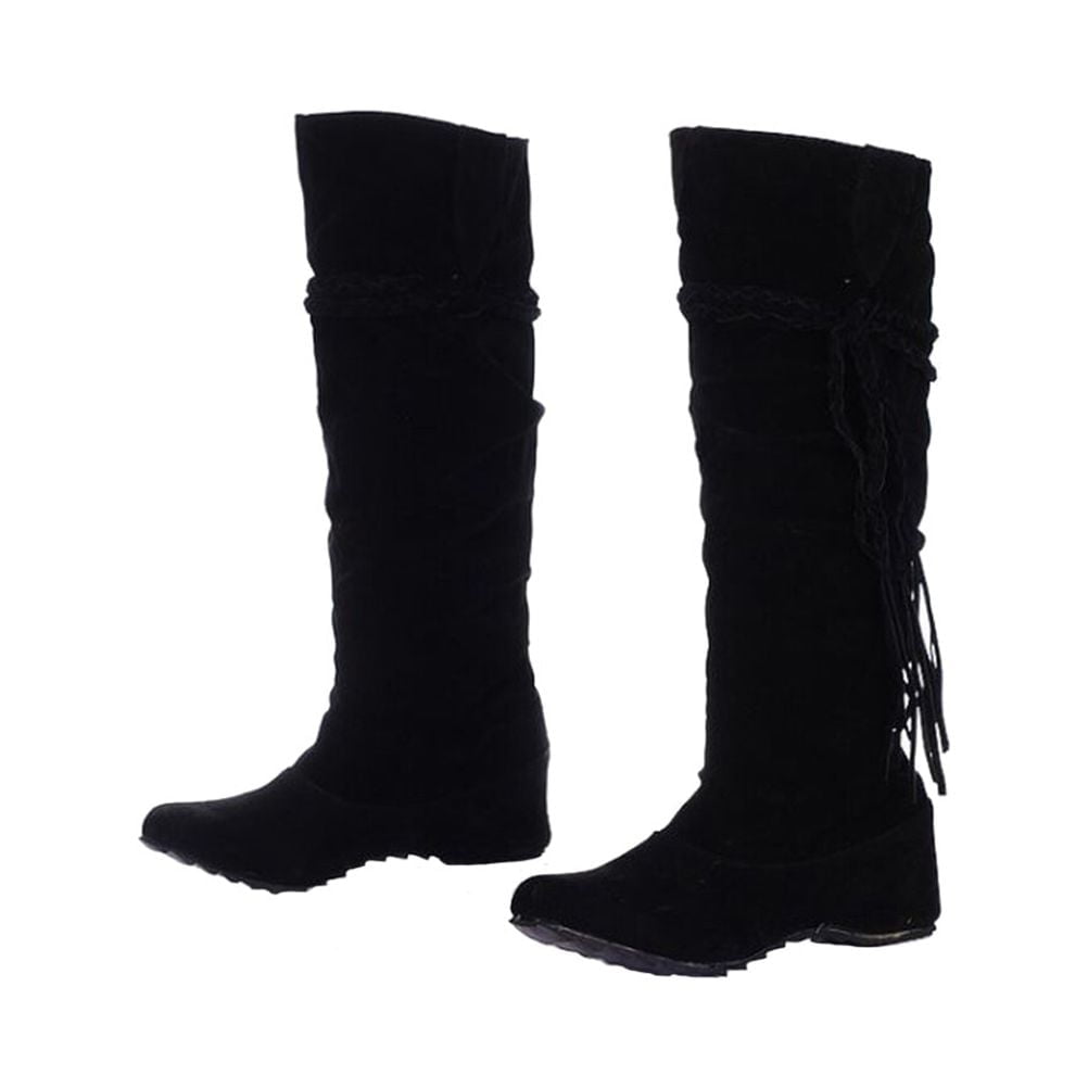 Black Women Fashion Knee High Boots Wedge High Shoes Elastic Weaving ...