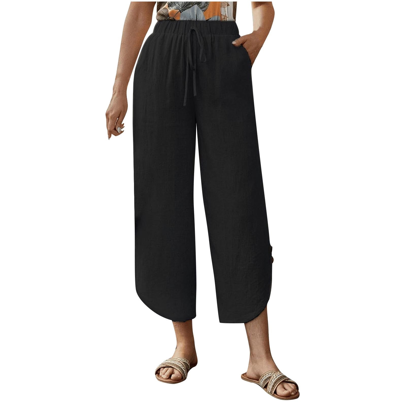 Black Women Faux Gauze Linen Brunch Pants for Teen Girls Loose Fit Harem with Slit Flare Bell ...