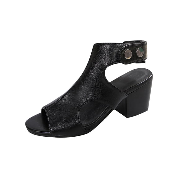 Black Women Fish Mouth Sandals Open Toe Side Hollow Thick Heel Roman ...