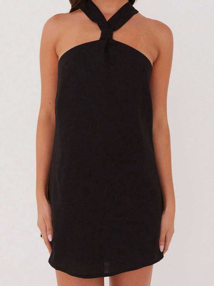 Black Women Halter Neck Sleeveless A-Line Mini Dress Backless Casual ...