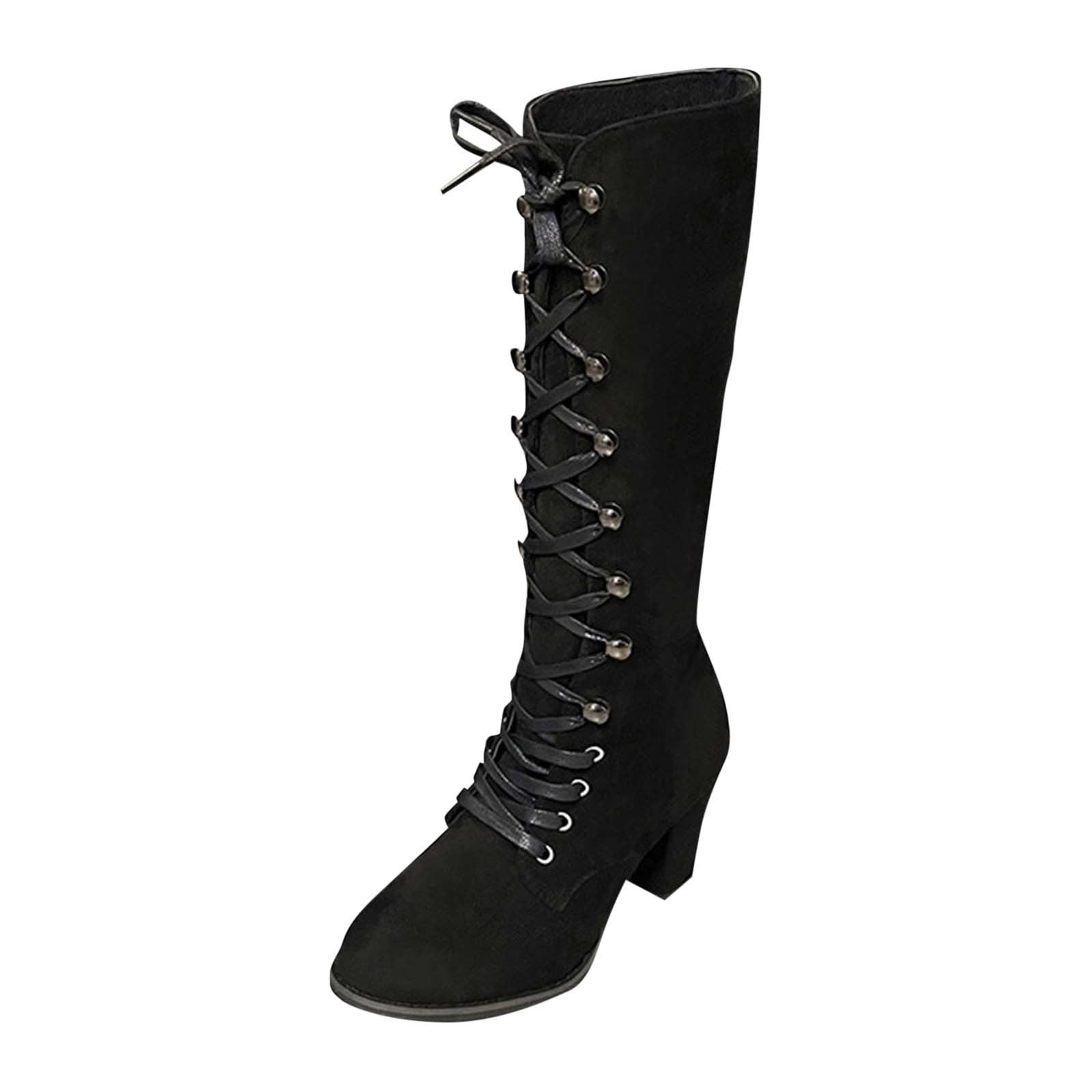 Black Women High Heel Mid Calf Boots Strappy Design Thick Heel Fall ...