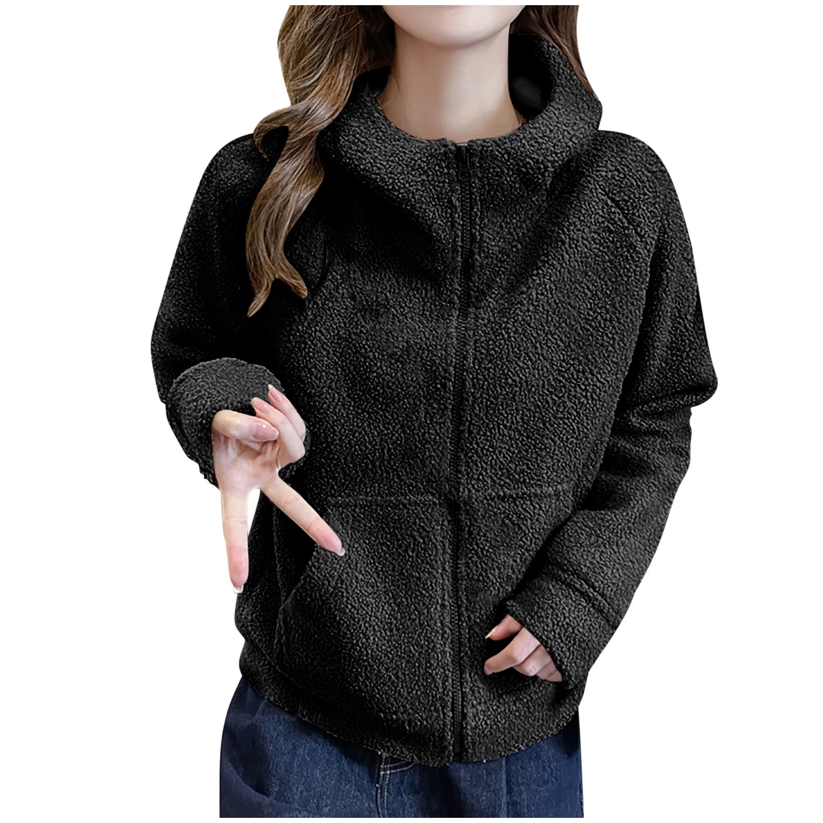 Black Women Jackets Hoods Outfit for Teen Girls Long Sleeve Brunch Warm ...