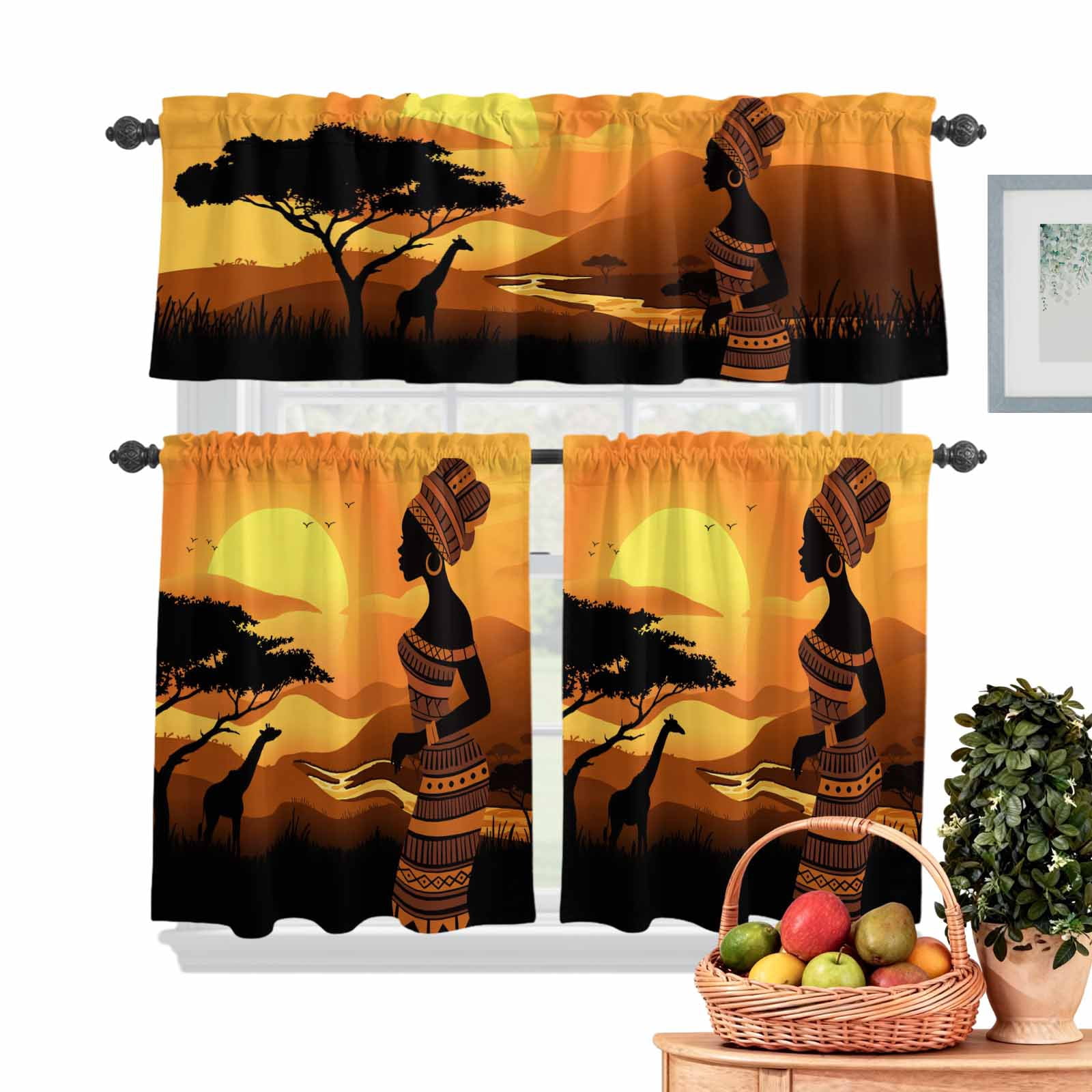 Black Women Kitchen Curtains Valances 3 Piece Set, Africa Nation ...