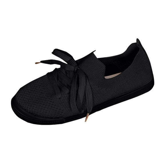 Black Women Lightweight Mesh Shoes Breathable Flying Woven Lace-Up Flat ...