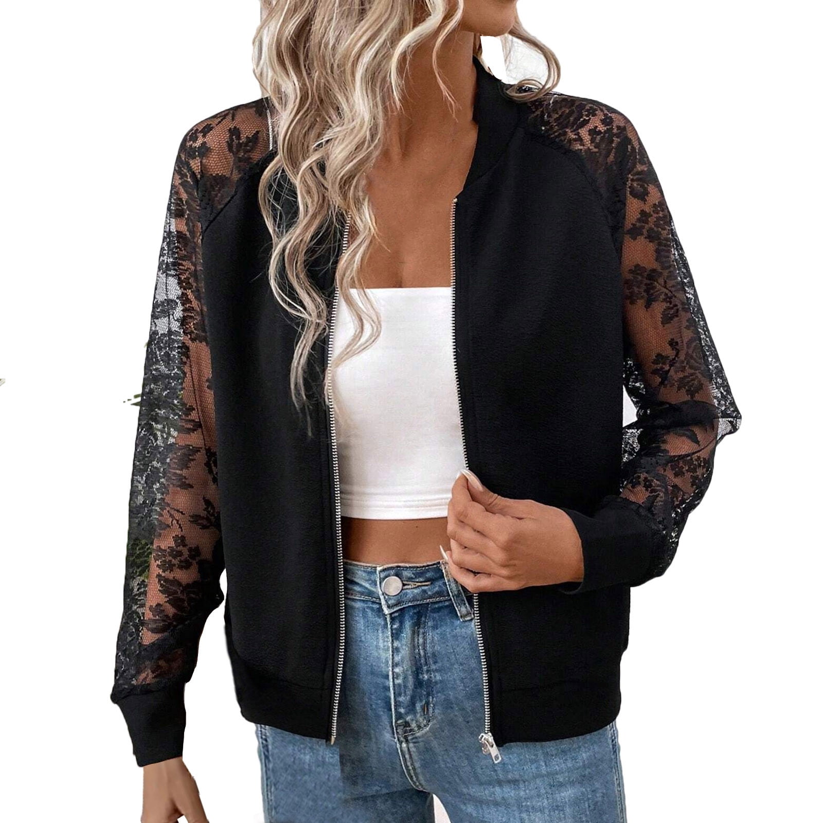 Black Women Long Sleeve Cropped Jackets Outerwear for Women Lace Casual ...