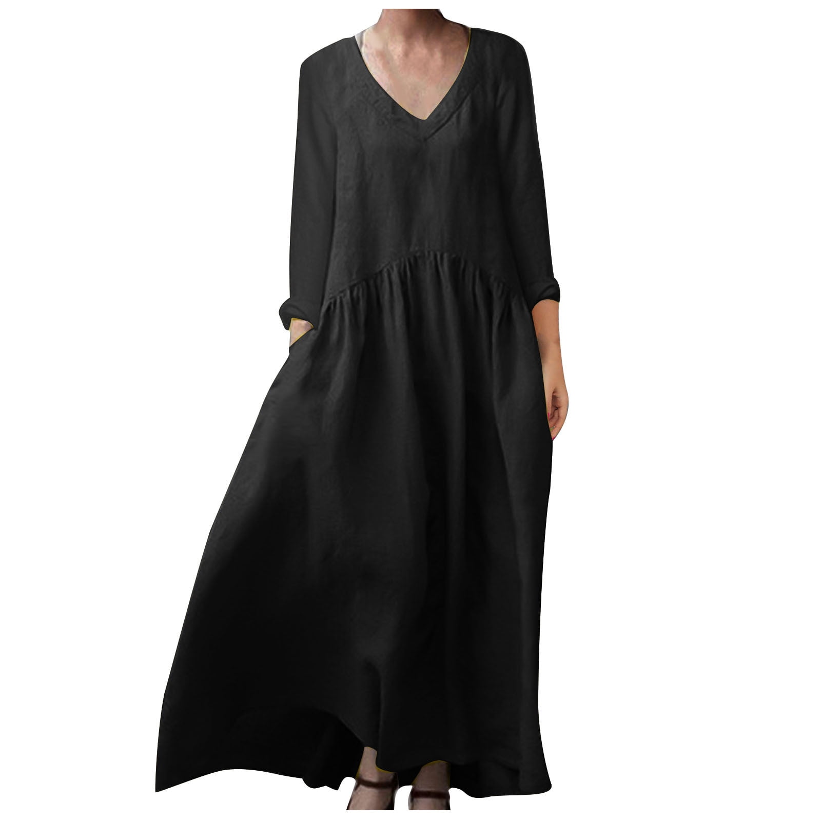 Black Women Lounge Dresses Long Sleeve Dresses for Women V Neck Faux ...