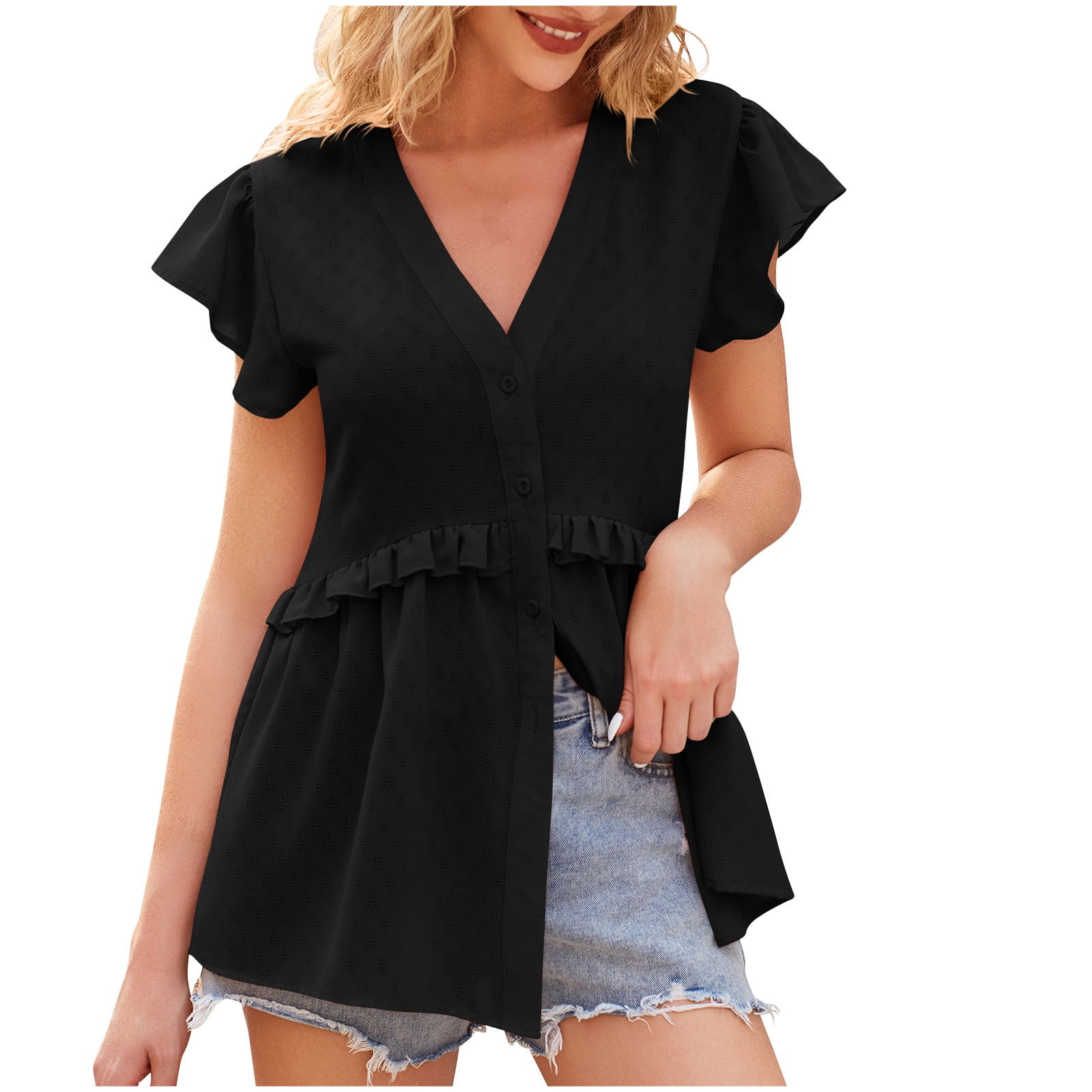 Black Women Lounge Tops Flutter Cap Sleeve Blouse for Women V Neck ...