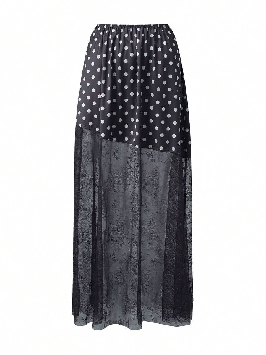Black Women Maxi Skirt With Polka Dot Print And Lace Overlay, Elastic ...
