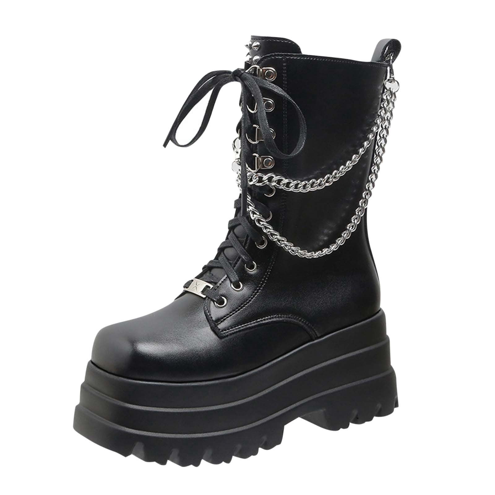 Black Women Metal Chain Detail Chunky Heel Ankle Boots Platform Sole ...