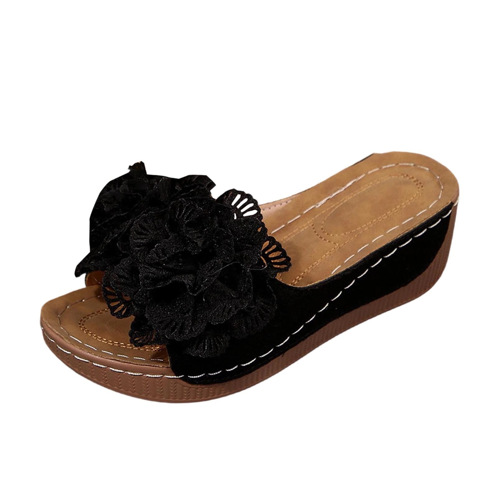 Black Women Platform Wedge Slippers Fish Mouth Design Flock Upper For A ...