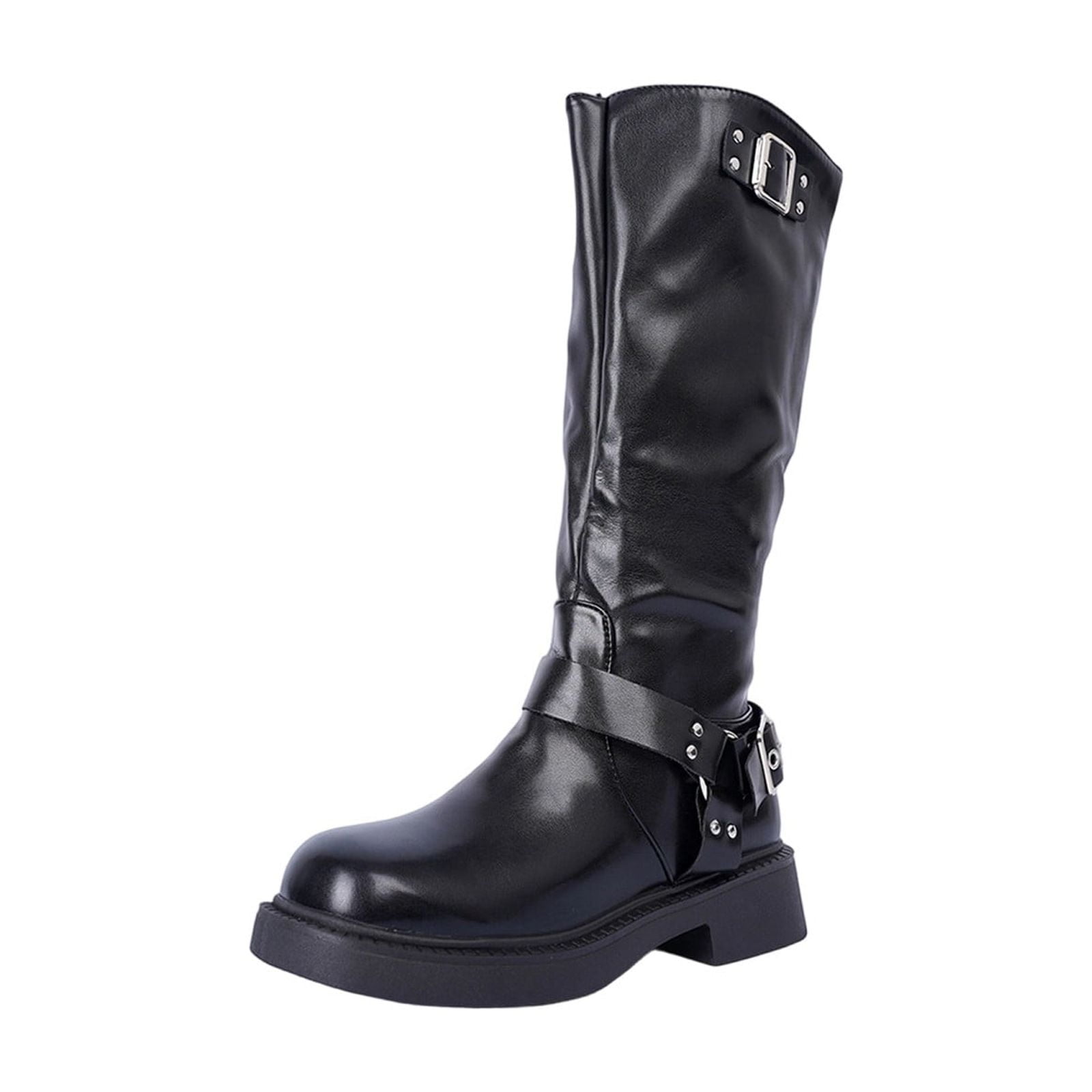 Black Women Platform Western Boots Mid Calf Side Zipper Chunky Heel For ...