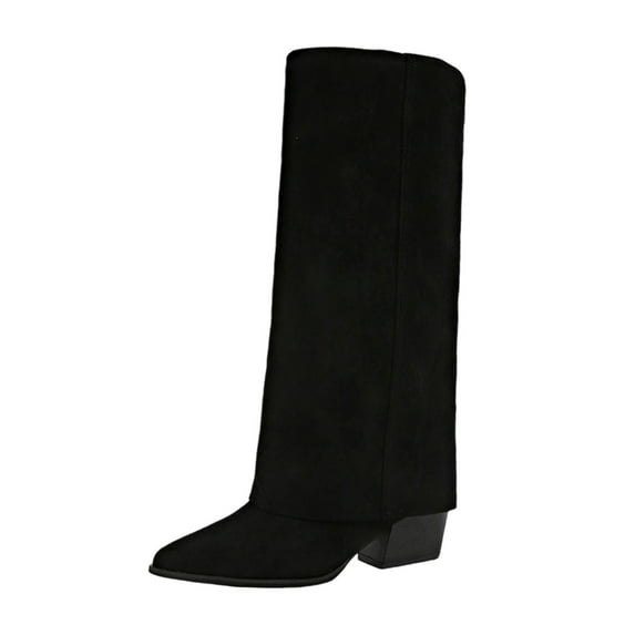 Black Women Pointed Toe Knee High Boots With Leg Hugging Fit And Chunky ...