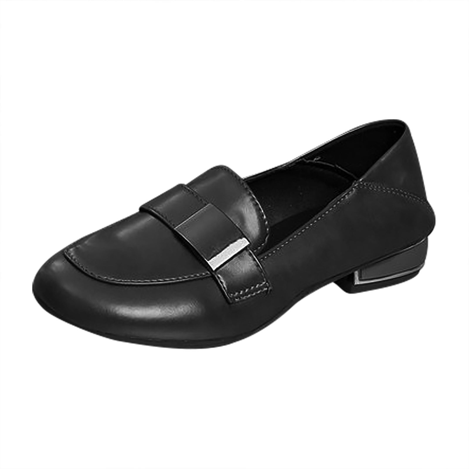 Black Women Round Toe Loafers With A Thick Mid Heel In A Solid Color ...