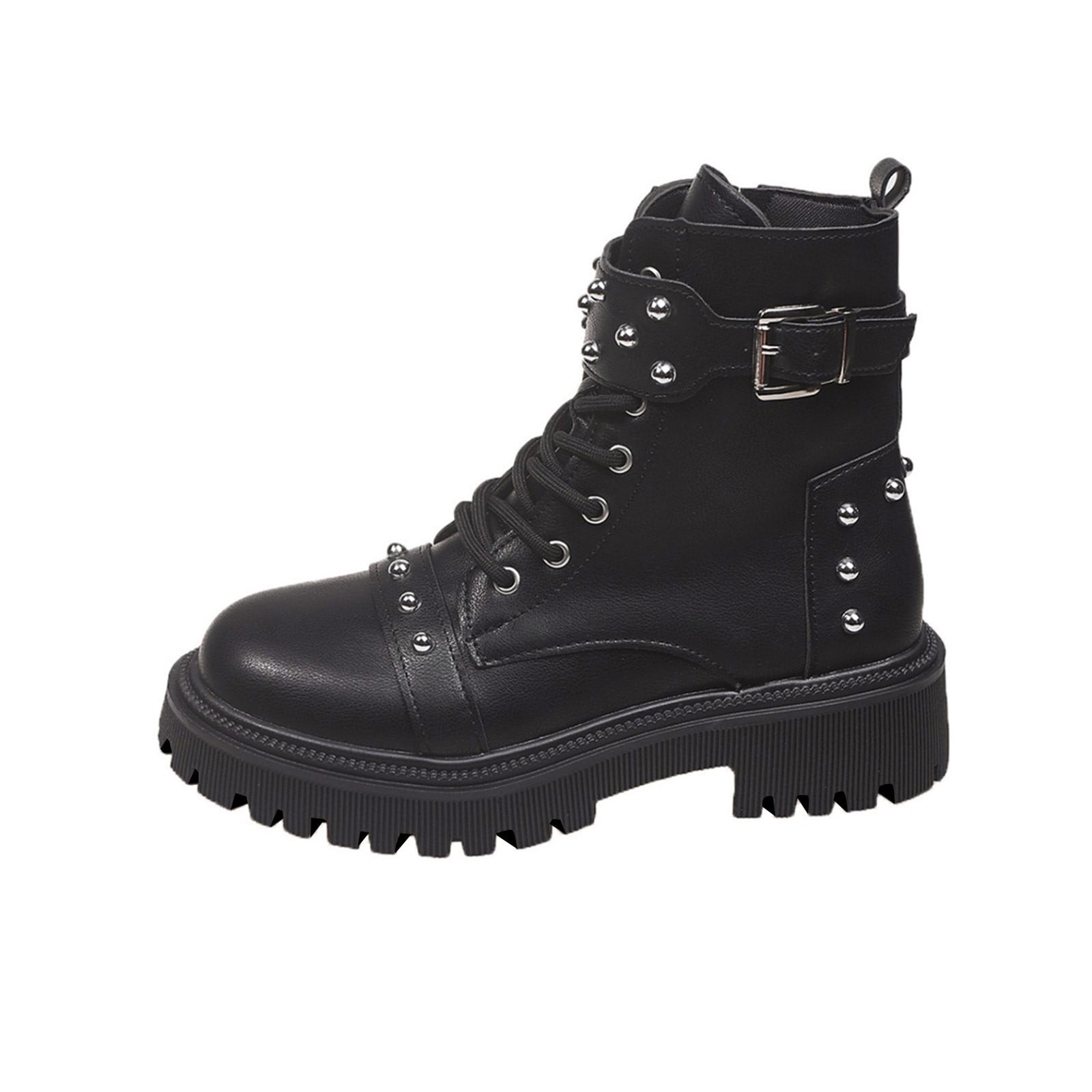 Black Women'S Ankle Boots With Lace-Up Closure And Belt Buckle Detail ...