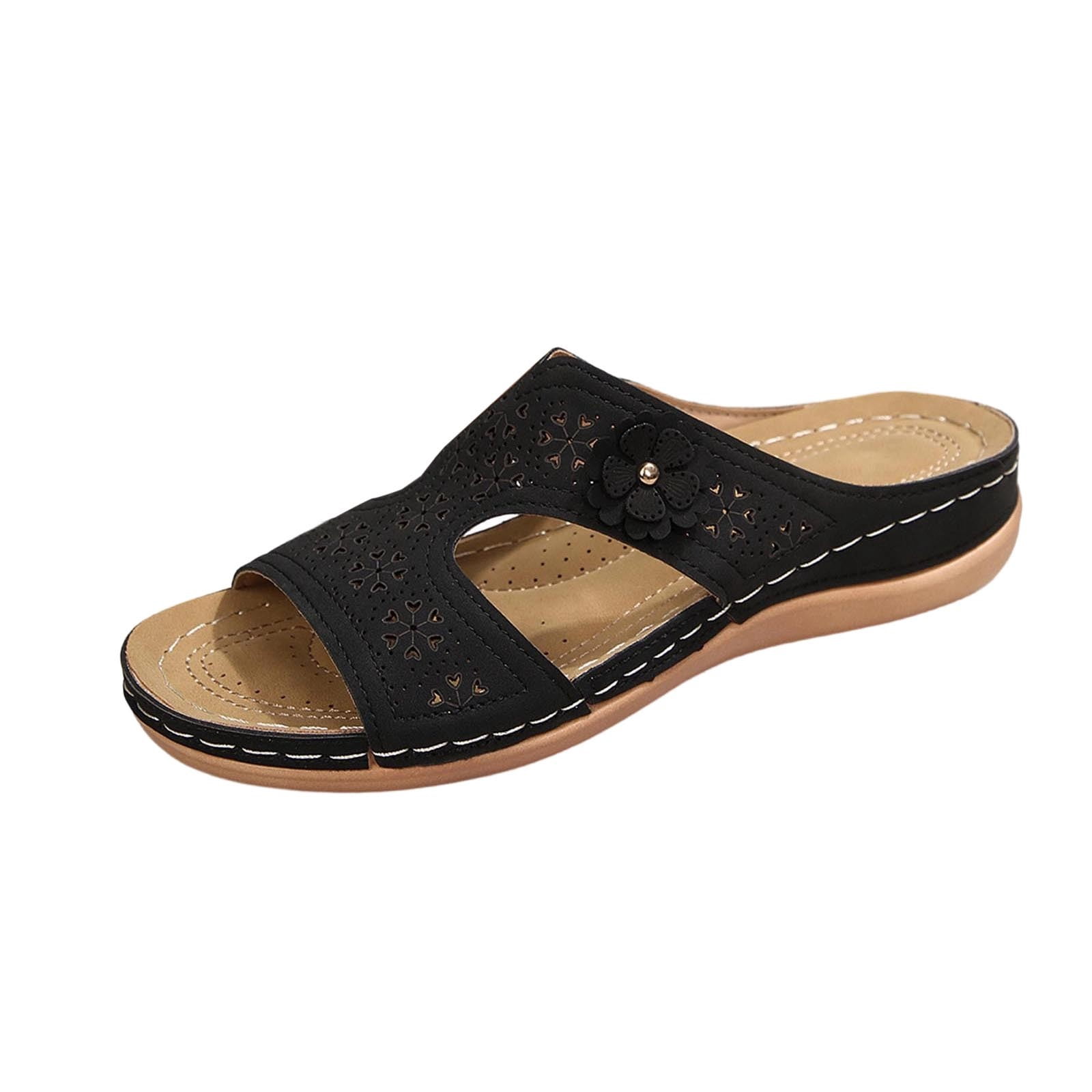 Black Women'S Beach Slippers Summer Wedge Heel Hollow Flower Design ...