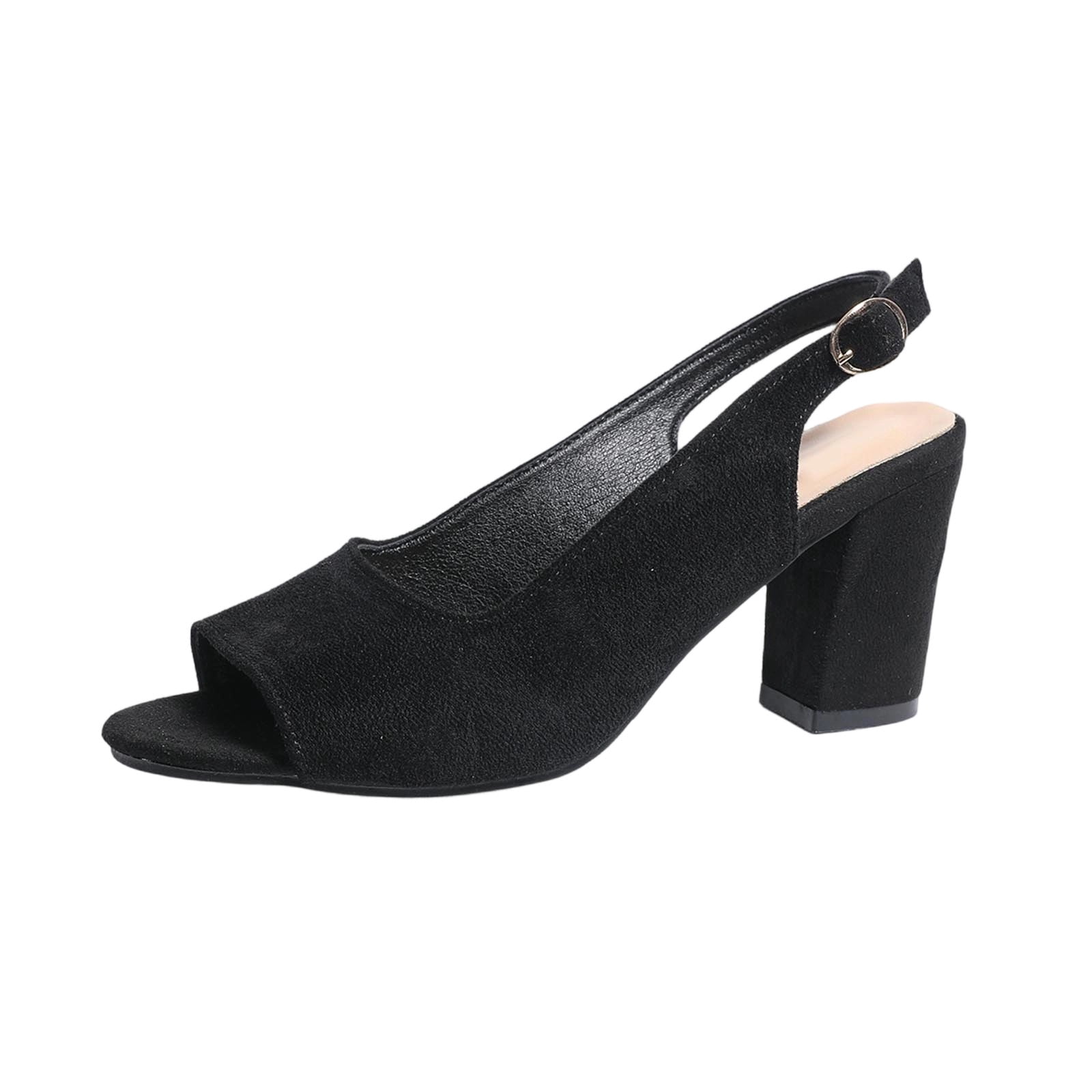 Black Women'S Black Chunky Heel Sandals Pointed Toe Semi-Closed Design ...