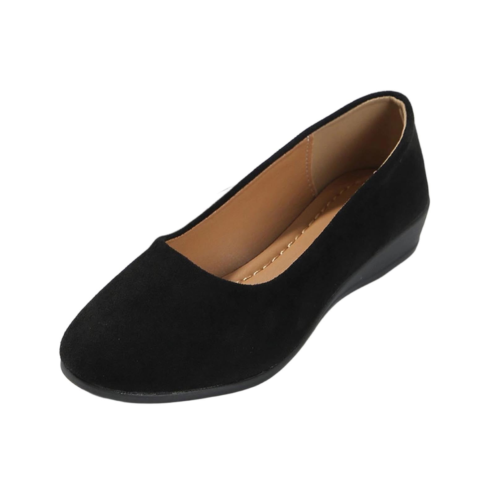 Black Womens Bow Wedge Shoes Low Cut Slip On Casual Wear Soft Flock ...