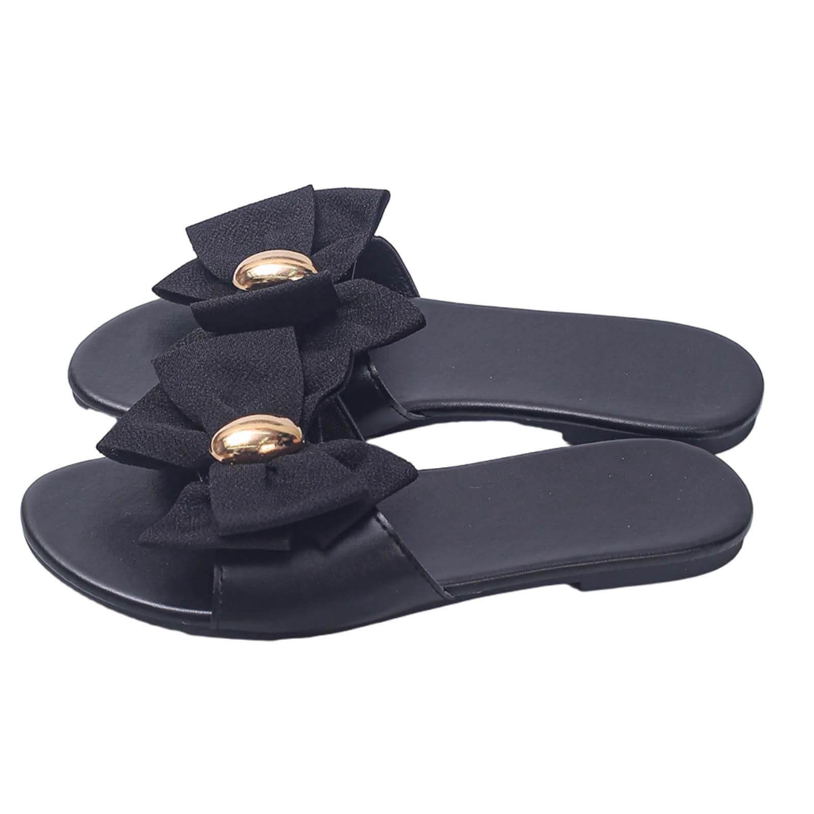 Black Women'S Casual Summer Slippers, Solid Color Bow Heels Comfortable ...