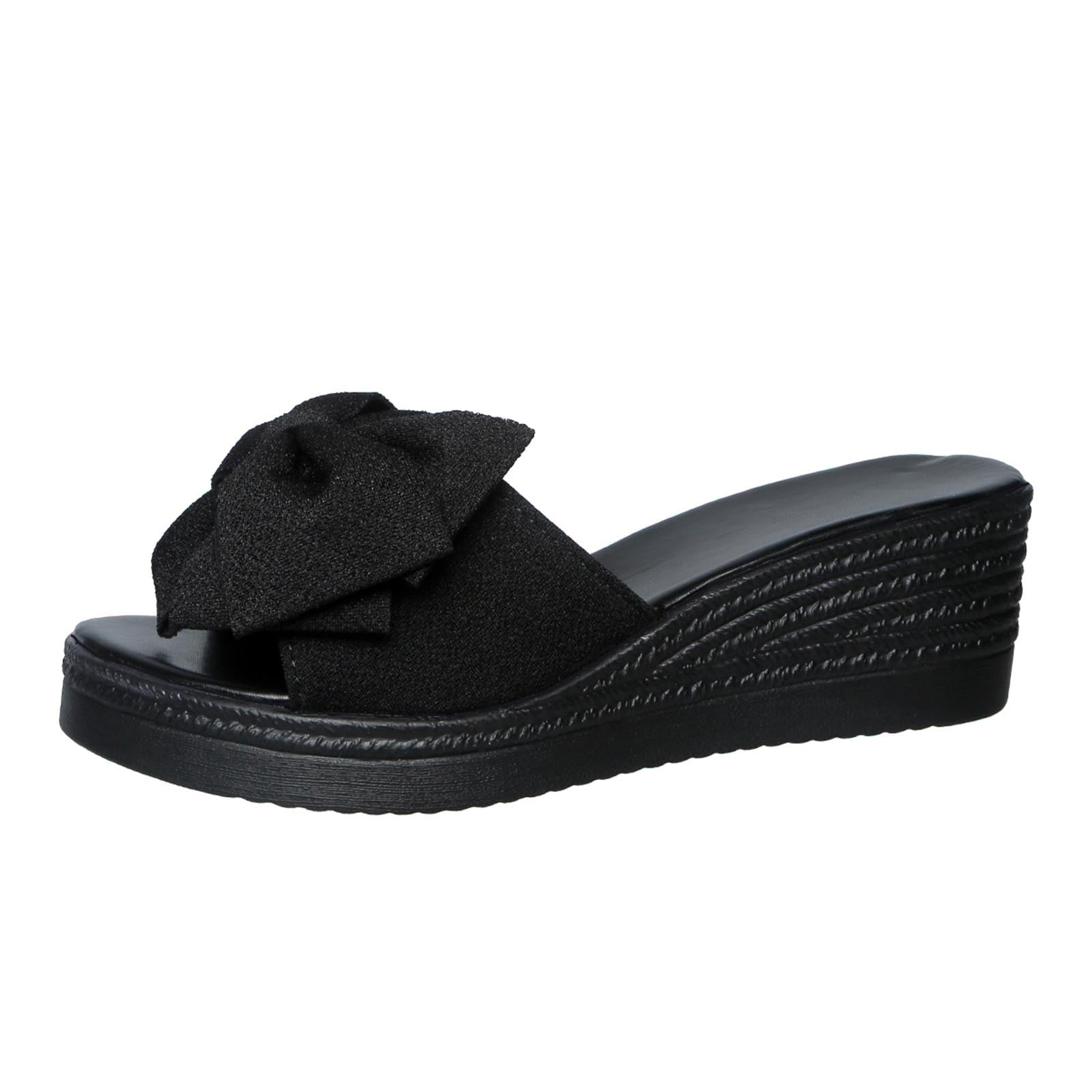 Black Women'S Casual Wedge Sandals Slip-On Design Bow Accent 5.5Cm Heel ...