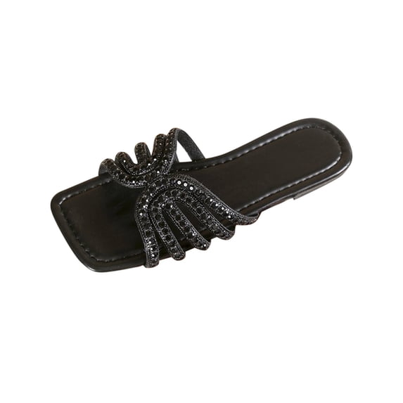 Black Women'S Comfortable Rhinestone Square Head Slippers Casual Spring ...