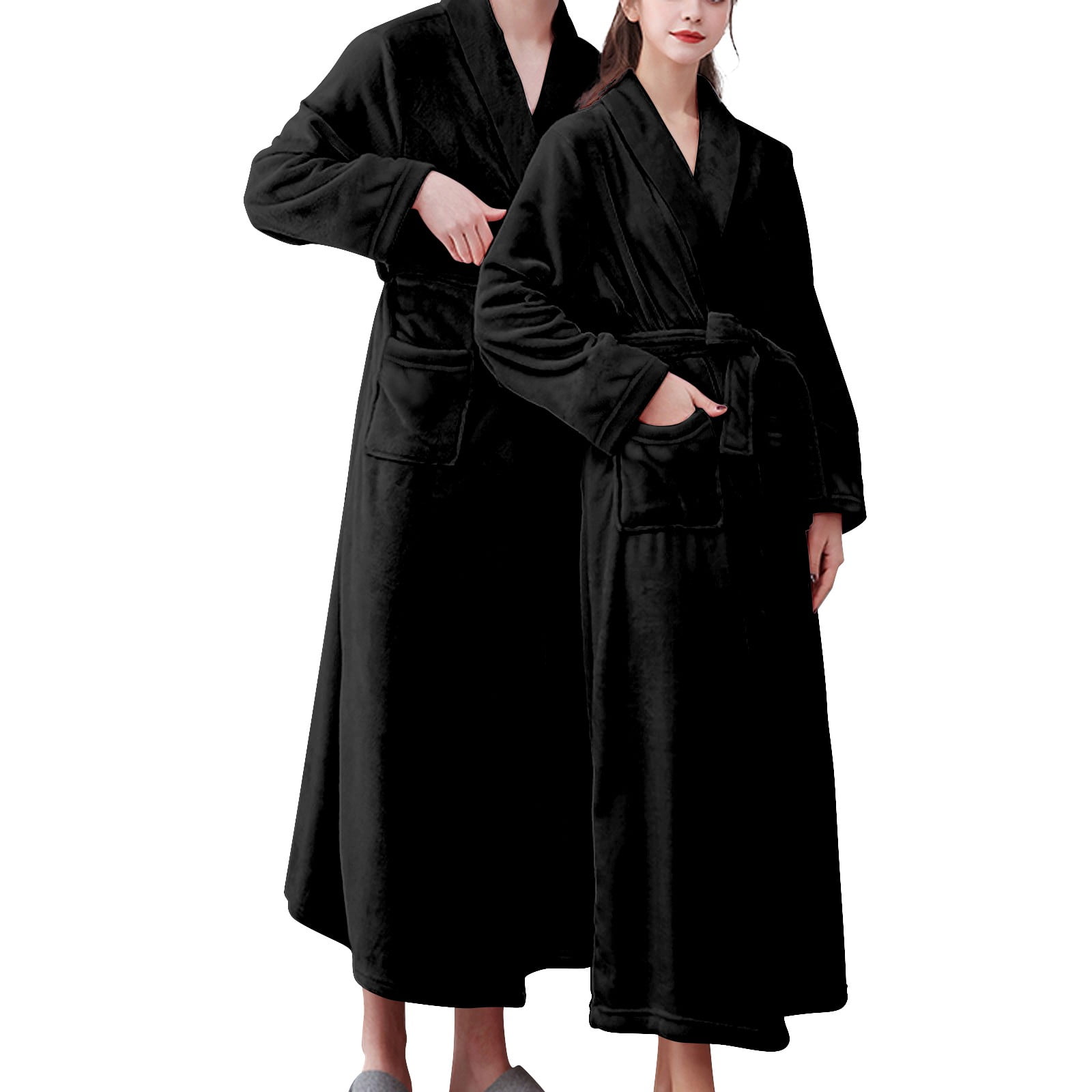 Black Women'S Double Pocket Flannel Bathrobe Soft And Warm Double Faced ...