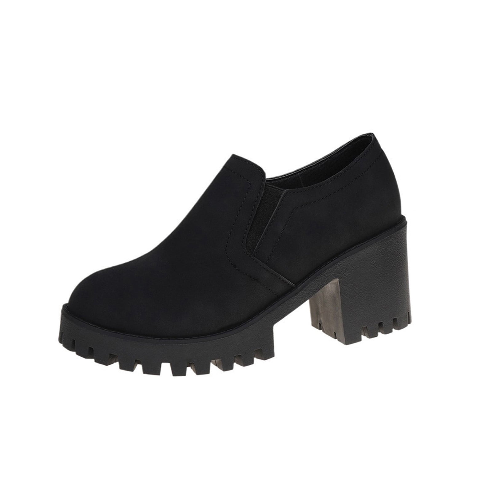 Black Women'S Everyday Heels Feature A Round Toe Loafers Design ...