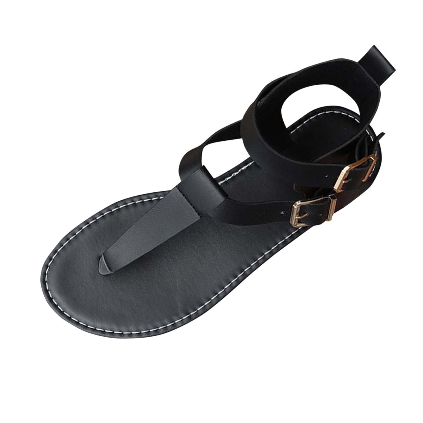 Black Women'S Fashion Plus Size Thong Shoes With Solid Color Buckle ...