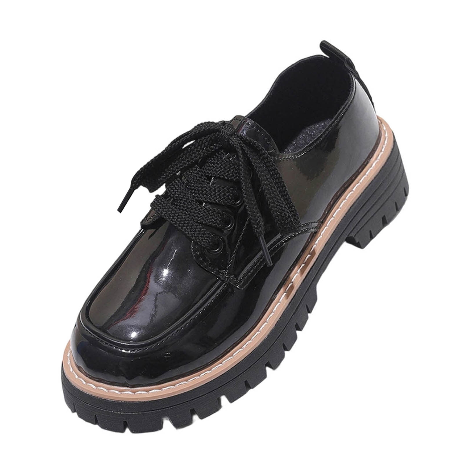 Black Women'S Fashion Round Toe Leather Shoes With Shiny Finish And ...