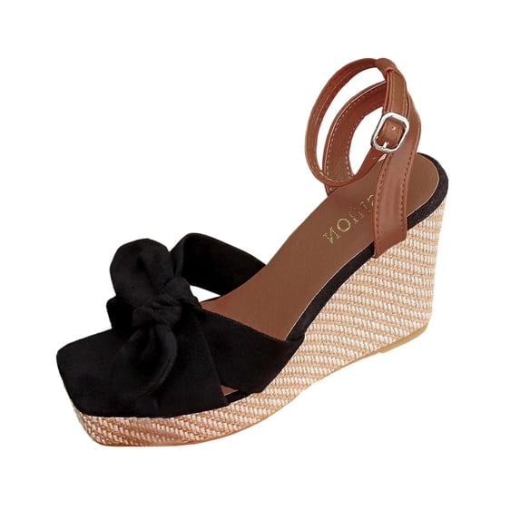 Black Women'S Fashion Wedge Heel Shoes With Bow Buckle Plus Size Spring ...