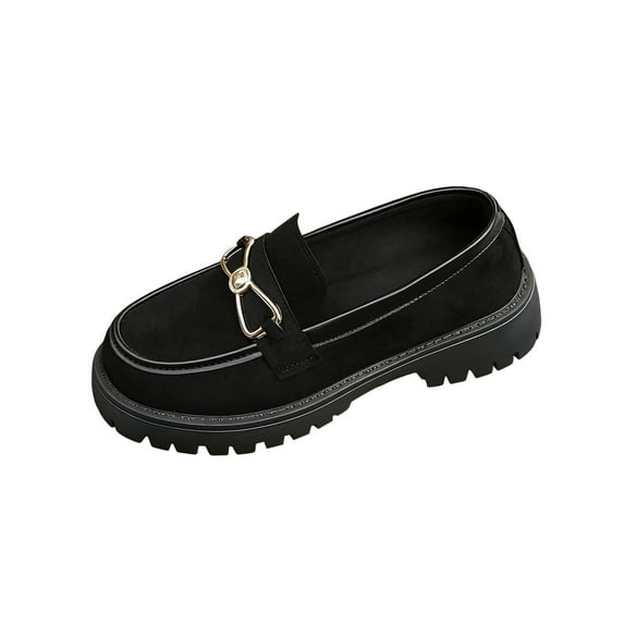 Black Women'S Fashionable Casual Four-Season Loafers Solid Color Round ...
