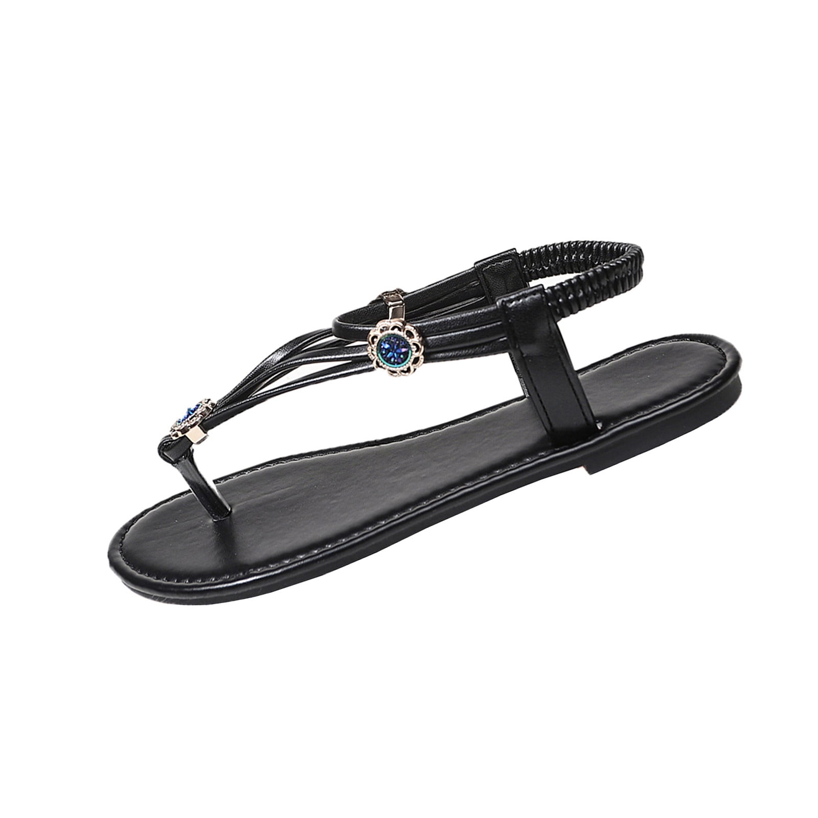 Black Women'S Flat Sandals Round Toe Toe Post Open Toe Back Elastic ...