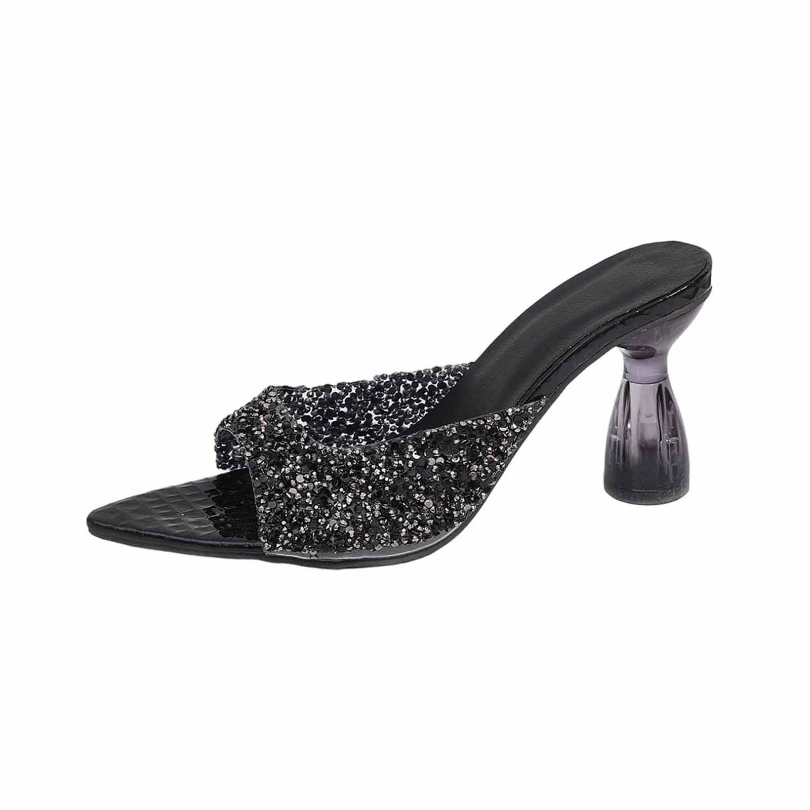 Black Women'S Heeled Sandals Open Toe Pointed Toe Rhinestone Decor ...
