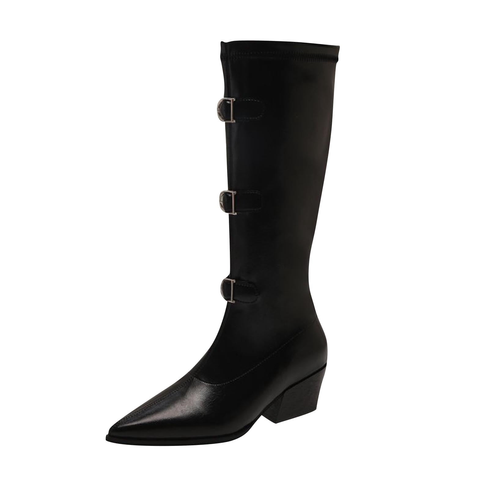 Black Women'S Knee High Boots Straight Shaft Buckle Detail Back Zipper ...
