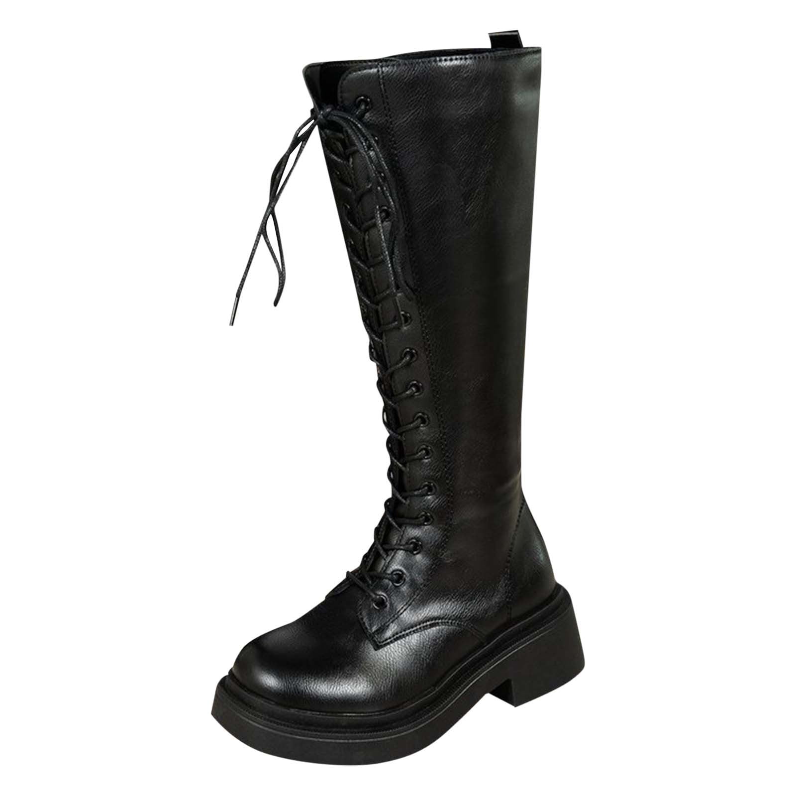 Black Women'S Knight Style Mid Calf Boots Lace-Up Chunky Heel Platform ...