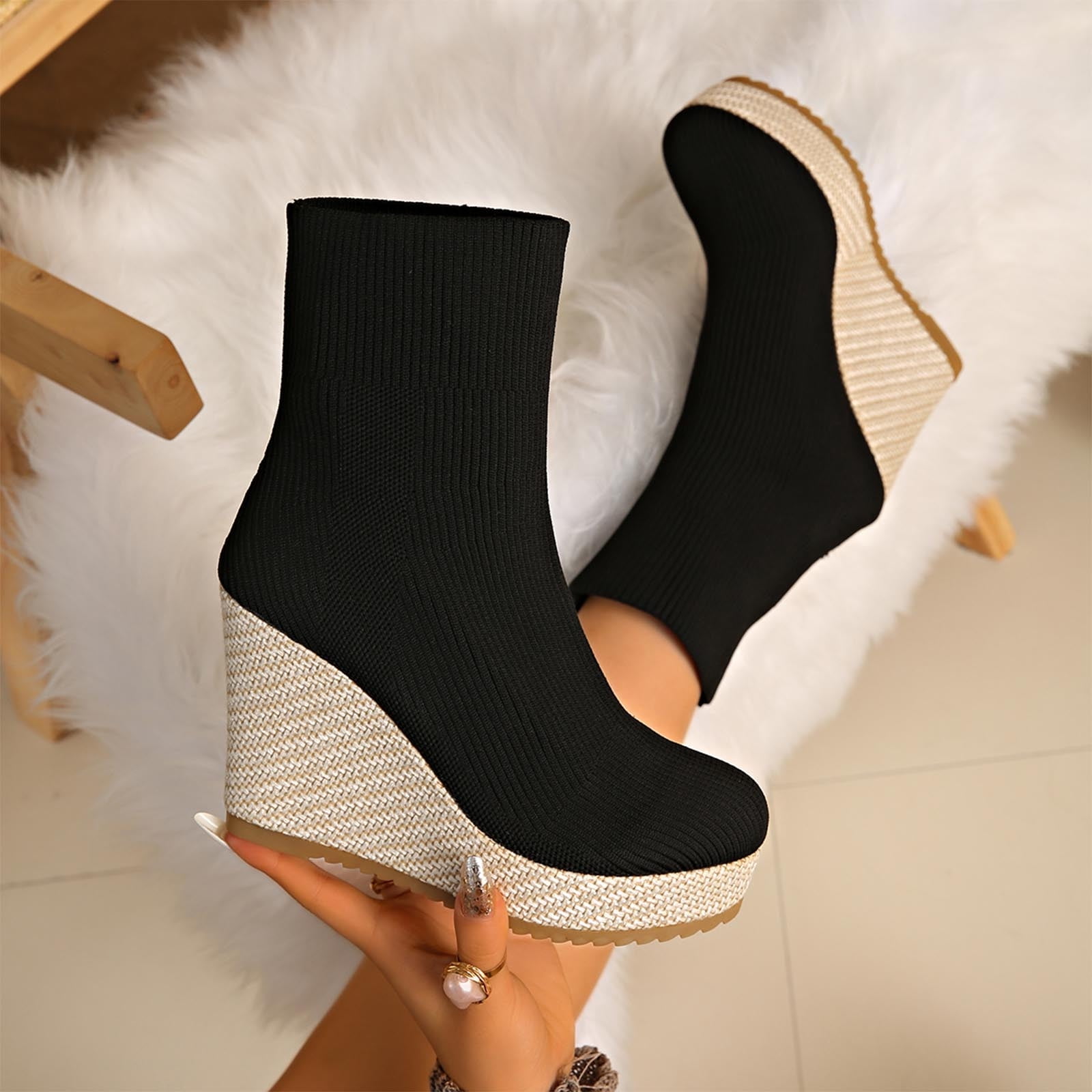 Black Women'S Knitted Sock Boots Fall Winter Espadrille Wedge Heel ...