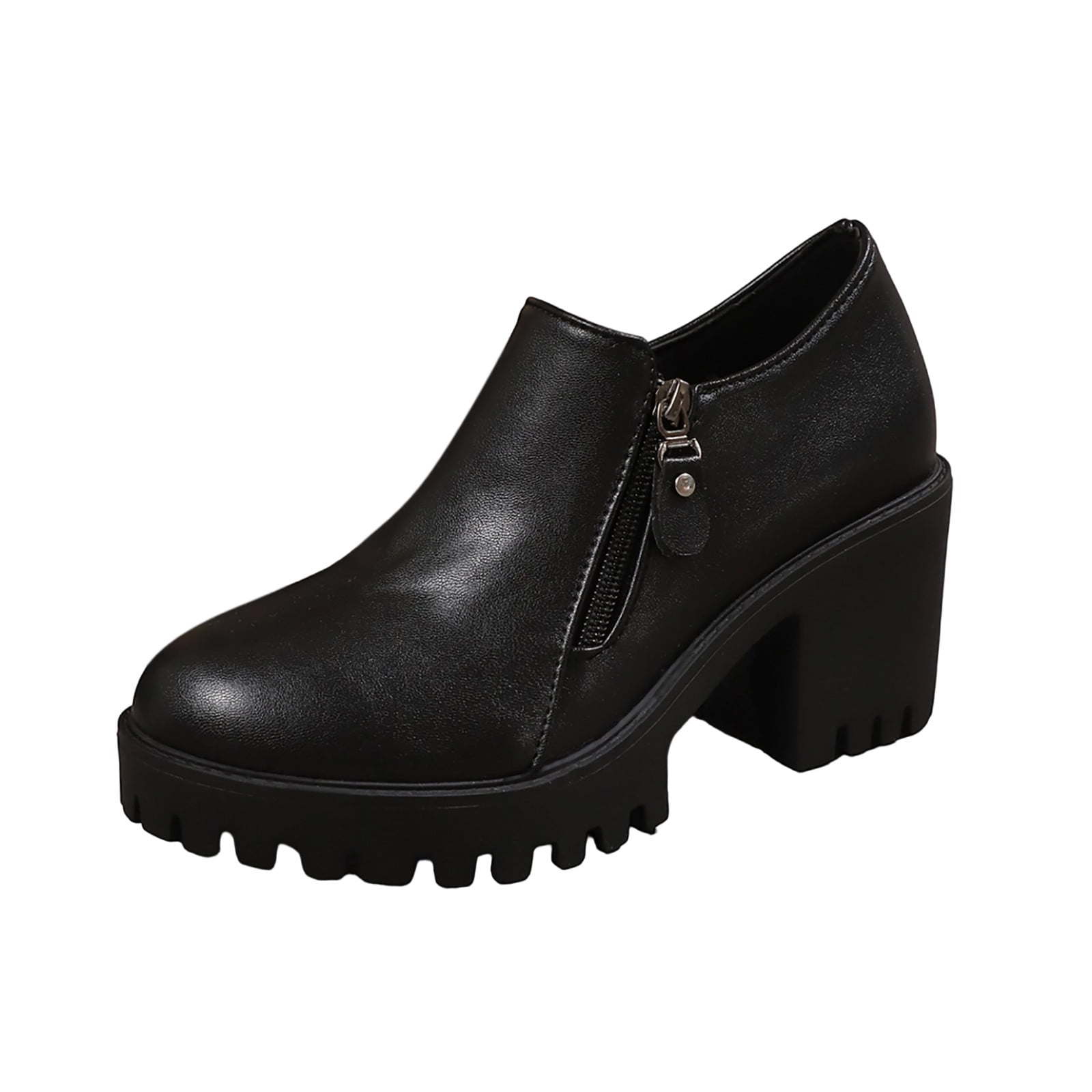 Black Women'S Loafers With A Chunky High Heel, Round Toe, Side Zipper ...