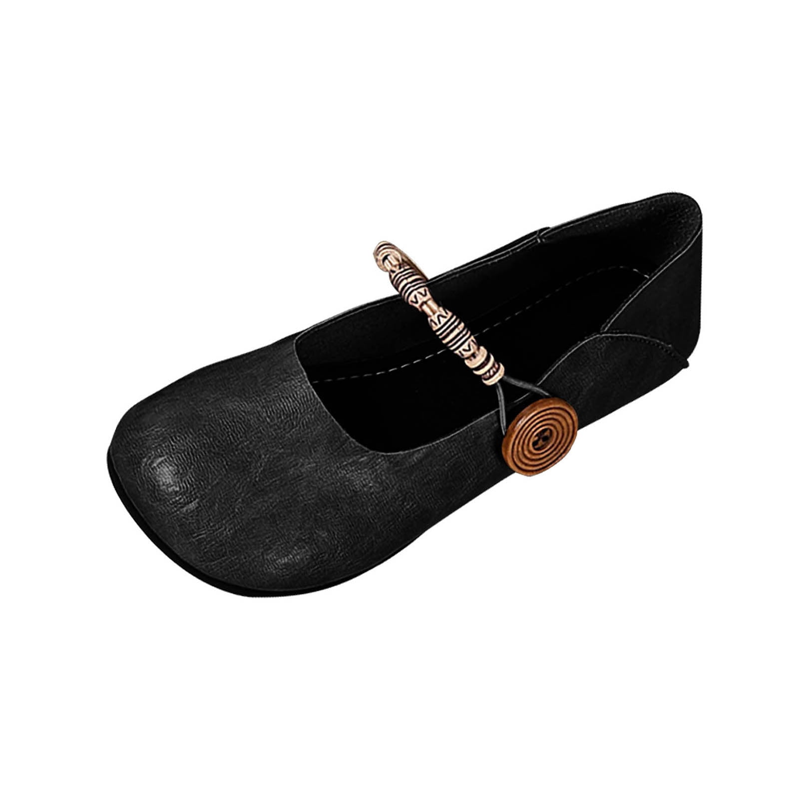 Black Women'S Loafers With Wooden Button Accents Square Toe Soft Sole ...