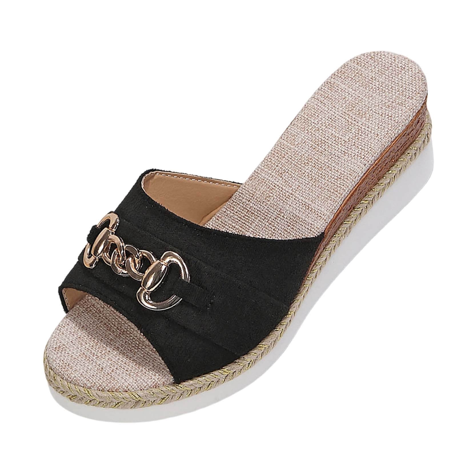 Black Women'S Metal One Line Wedge Slippers Open Toe Solid Color Summer ...