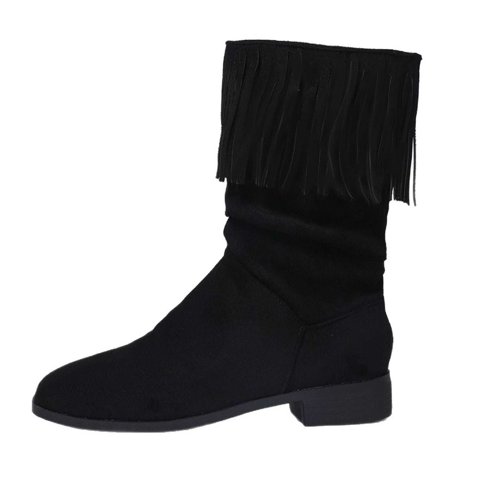 Black Women'S Mid-Calf Boots With Tassel Embellishment Round Toe Low ...
