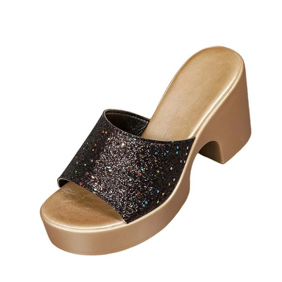 Black Women'S Mule Sandals Shimmering T-Strap High Heels Comfortable ...