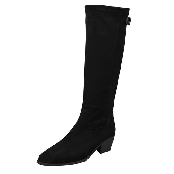 Black Women'S Over-The-Knee Boots Black Stretch Fabric Chunky High Heel ...