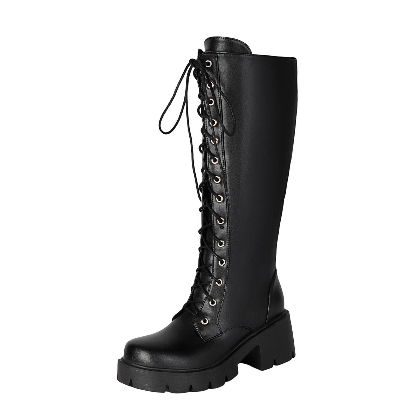 Black Women'S Round Toe Knee-High Boots Lace-Up Front Side Zipper ...