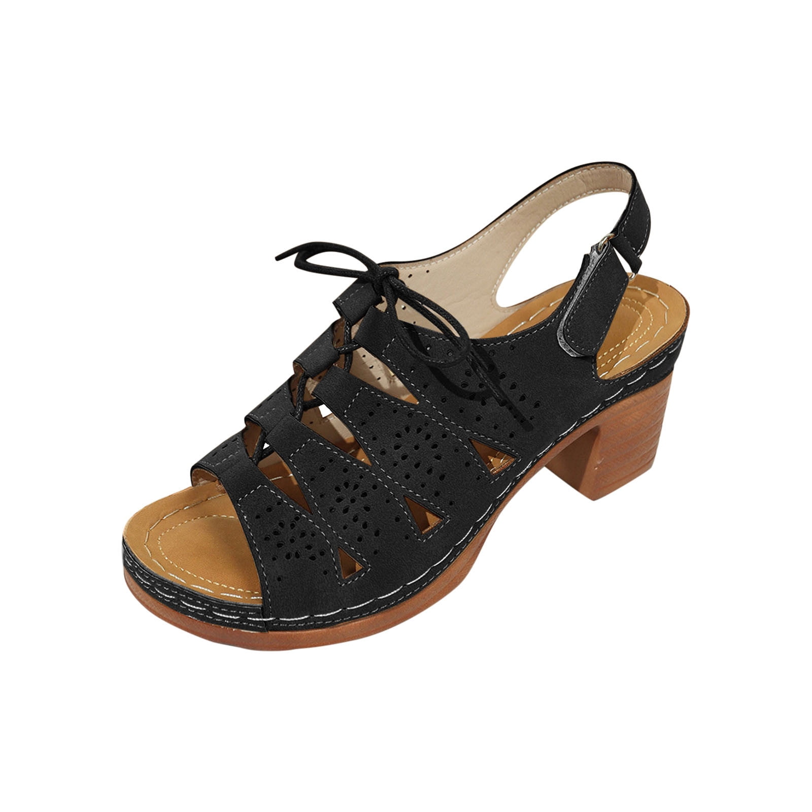 Black Women'S Sandals Hollow Out Laced Round Open Toe Single Buckle ...
