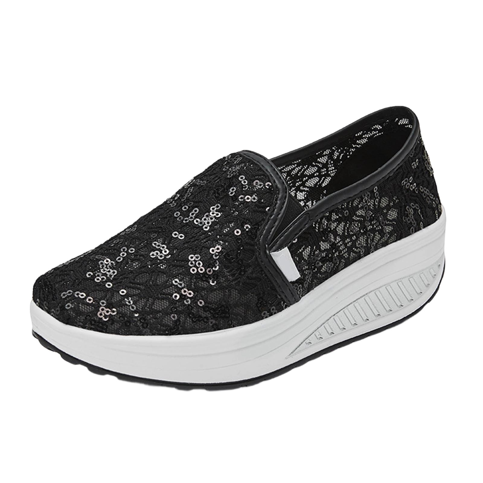 Black Women'S Shoes Sequined Mesh Breathable Rocking Shoe Comfortable ...