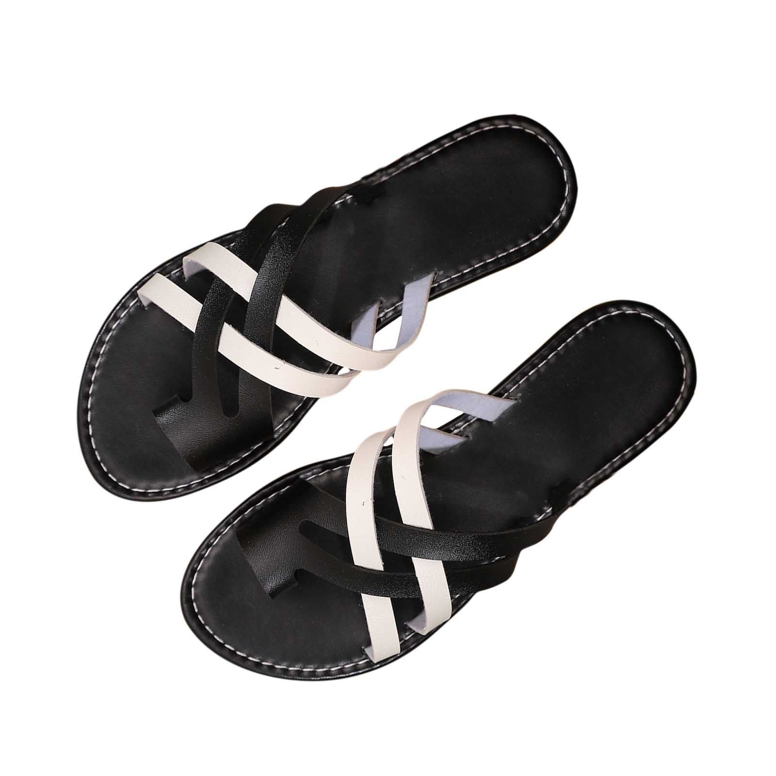 Black Women’S Slippers Casual Flat Beach Sandals Pu Synthetic Leather ...