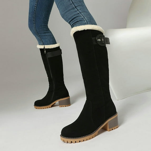 Black Women'S Snow Boots Chunky Heel Thick Sole Height Boost Side ...