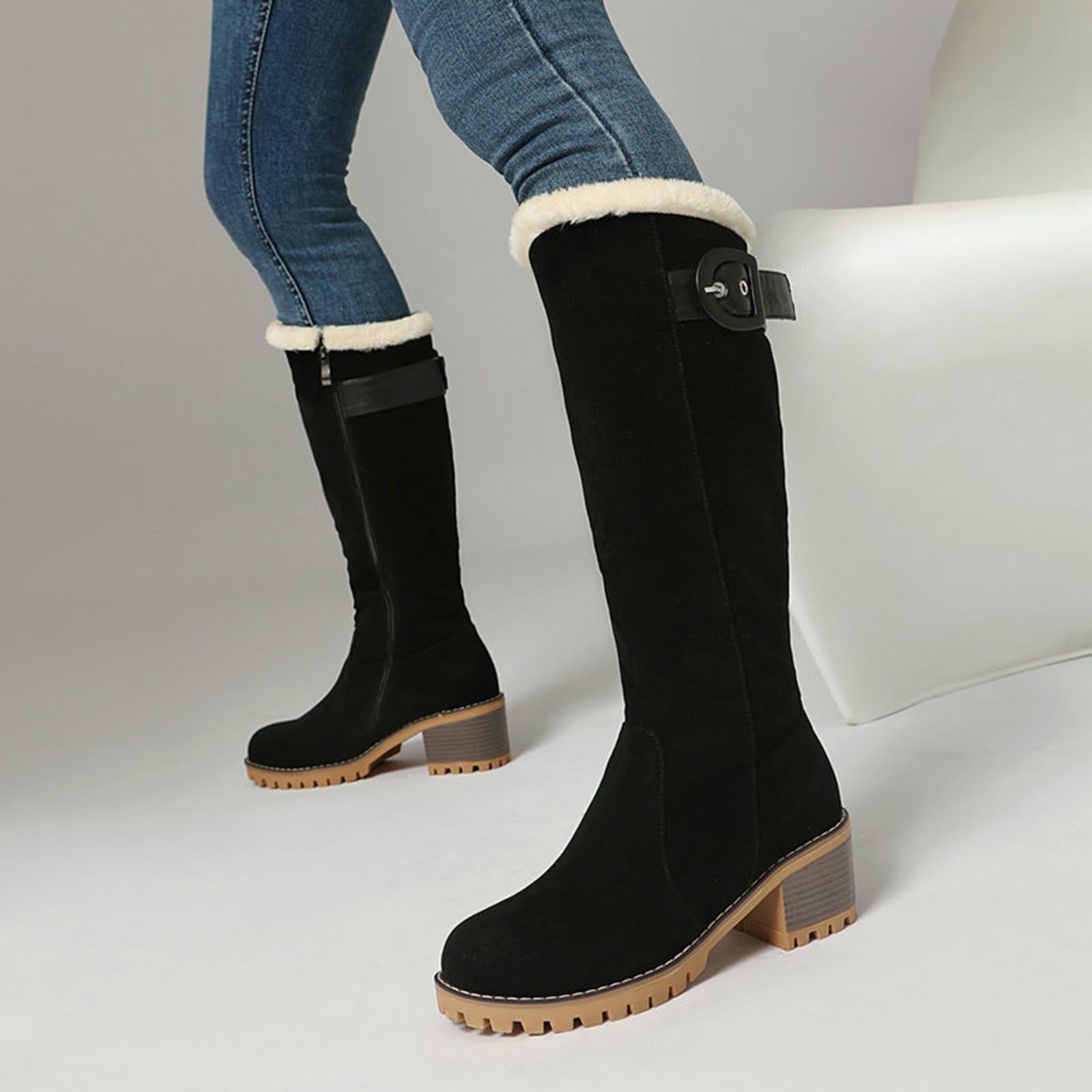Black Women'S Snow Boots Chunky Heel Thick Sole Height Boost Side ...